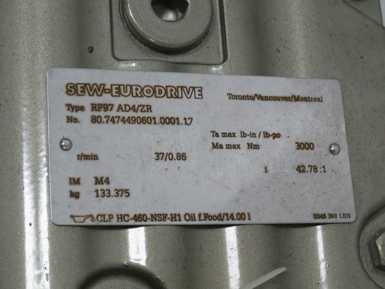 Sew-Eurodrive RF97 AD4/ZR 80.7474490601.0001.17 Motor Gear