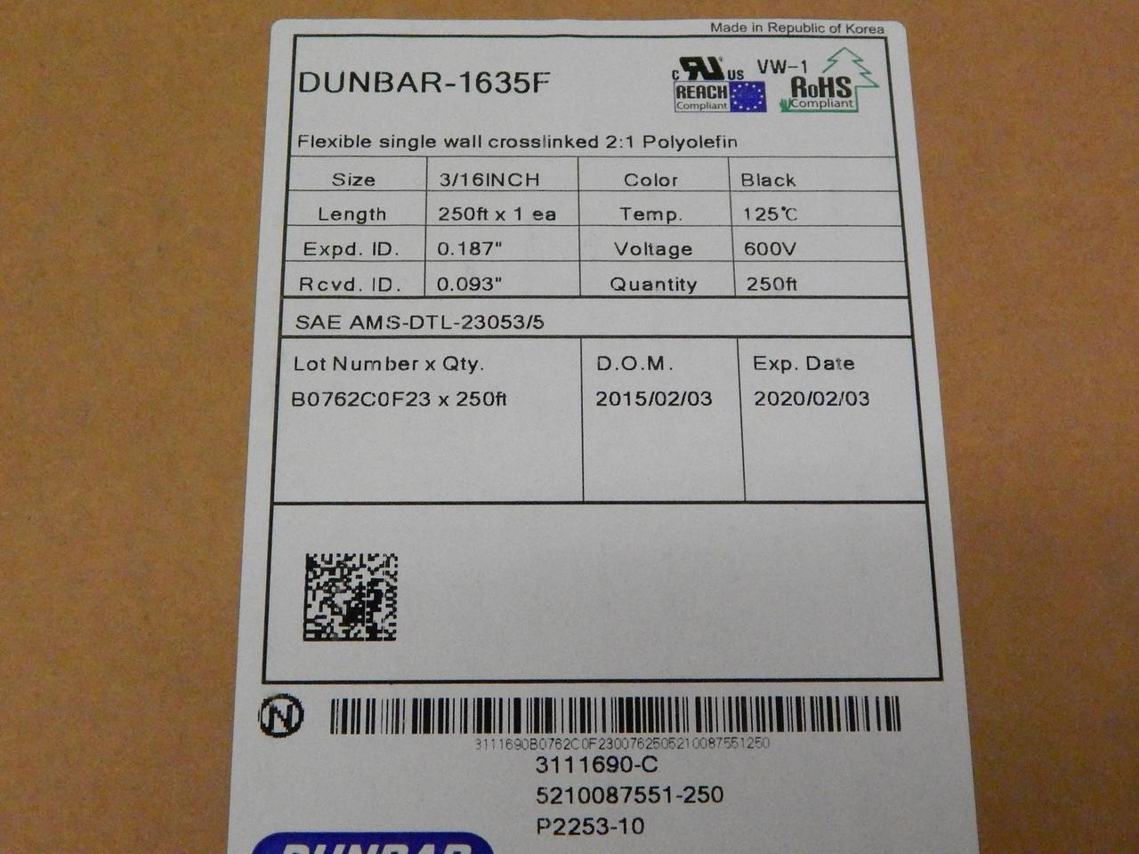 Dunbar SAE AMS-DTL-23053/5 Heat Shrink Tube 250ft