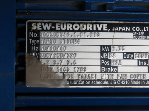 Sew-Eurodrive WAF30 DT80N4 3 Phase Induction Motor 0.75 KW