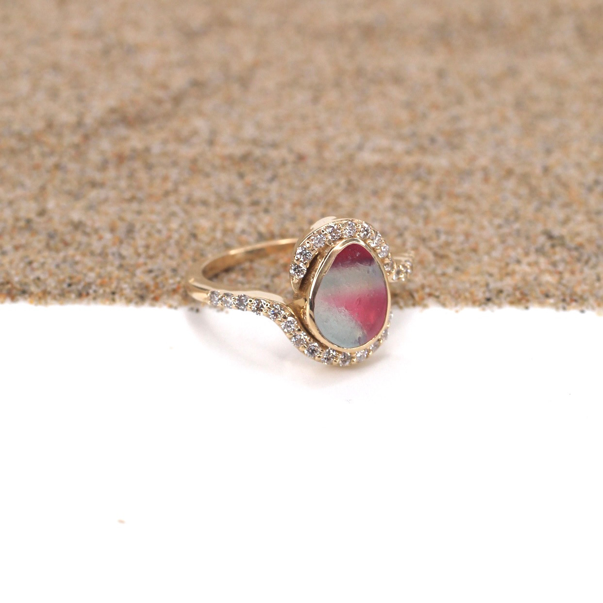 Pink and Aqua Ultra Rare Sea Glass and 14k yellow gold Ocean Glow Ring ...