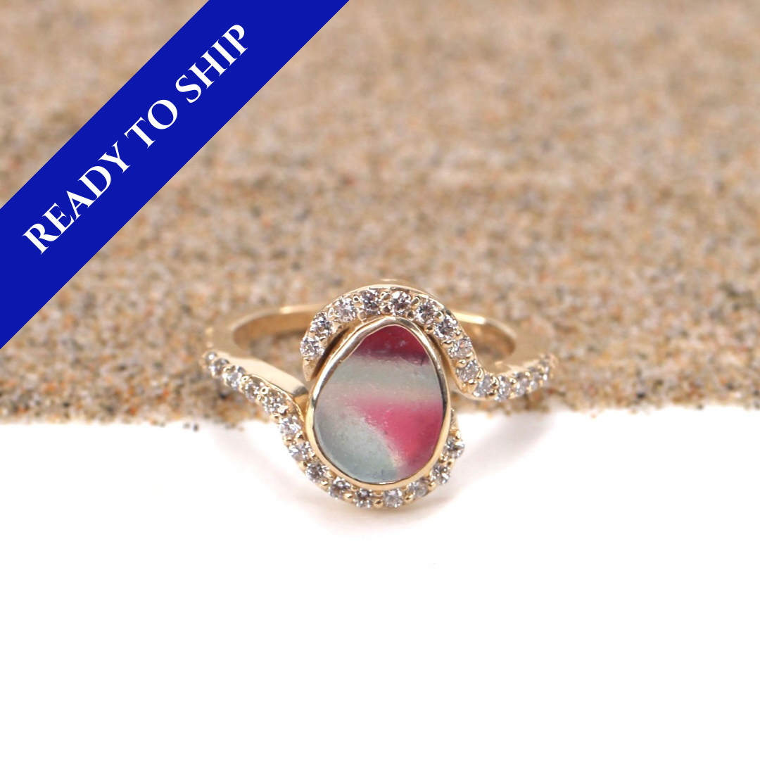 Pink and Aqua Ultra Rare Sea Glass and 14k yellow gold Ocean Glow Ring ...