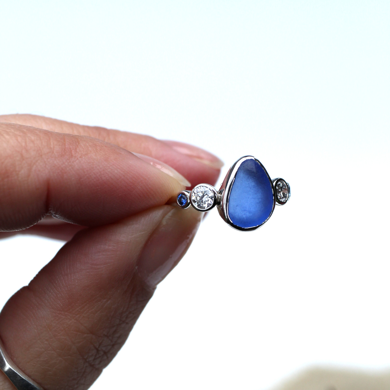 Divinity Sea Glass Engagement Ring - Diamond and Sapphire Mix