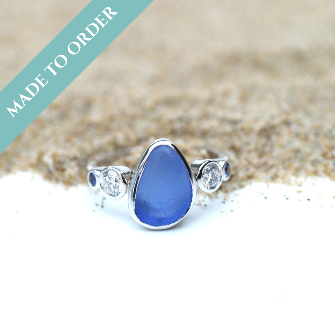 Divinity Sea Glass Engagement Ring - 14k gold Diamond & Sapphire Mix