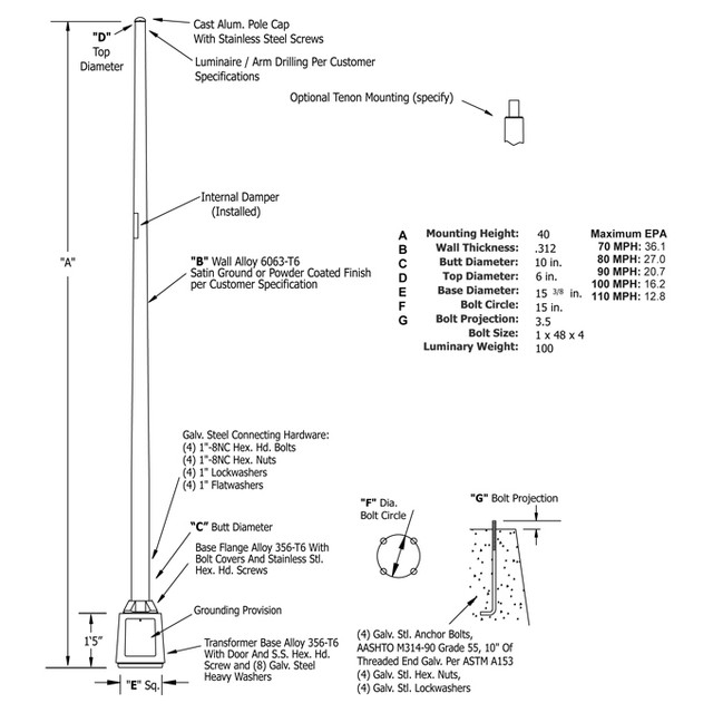 Round Tapered Aluminum Light Pole with Transformer Base 40 ft 10 in ...