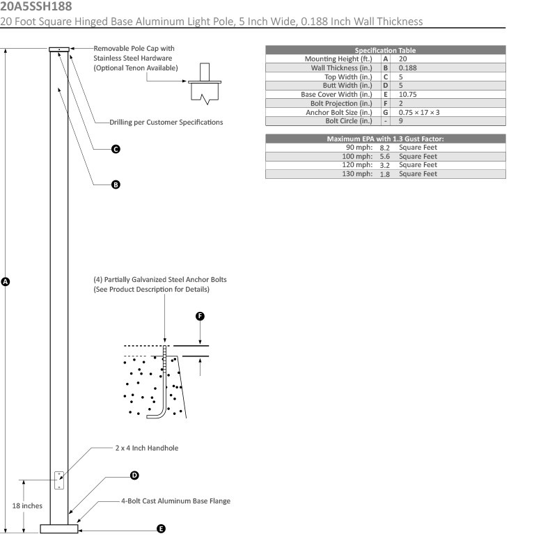 Square Hinged Base Aluminum Light Pole 20 ft 5 in - Hinged Base ...