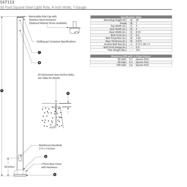 Square Steel Light Pole 7 Gauge 30 ft 4 in -Square Steel Light Poles ...