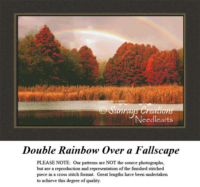 Landscape Cross Stitch Pattern | Double Rainbow Over a Fallscape