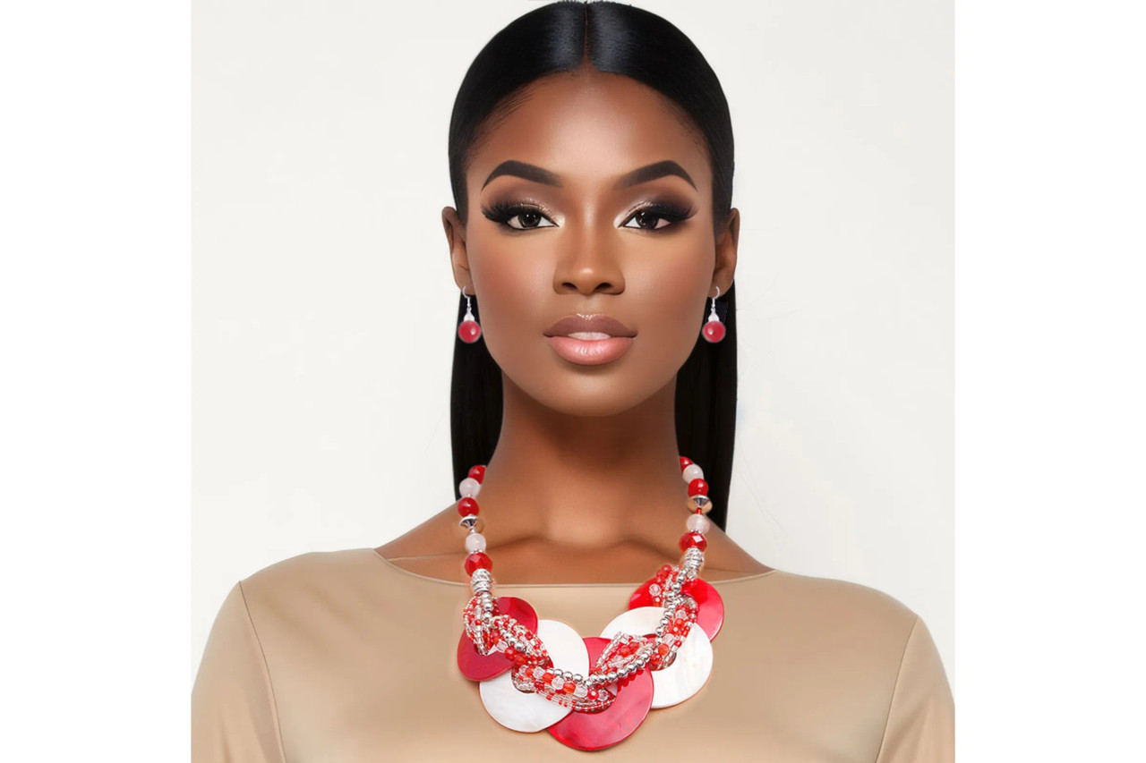 Red and White Beaded Disc Necklace Set - Prime Heritage Gifts
