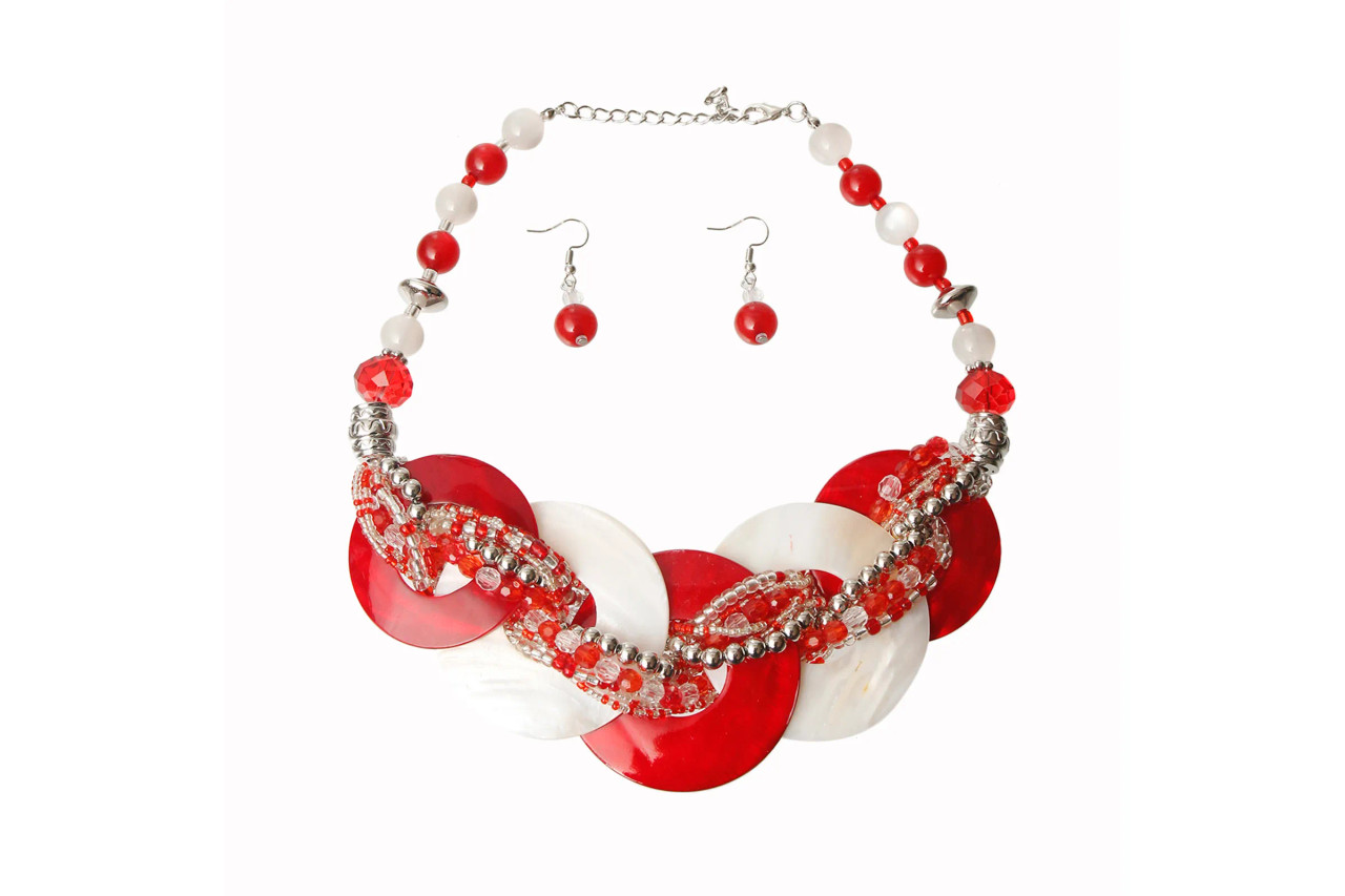 Red and White Beaded Disc Necklace Set - Prime Heritage Gifts