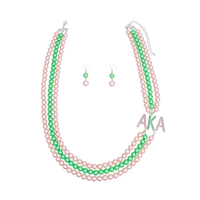AKA Sorority Pink Green Long 3 Row Brooch Necklace - Prime Heritage Gifts