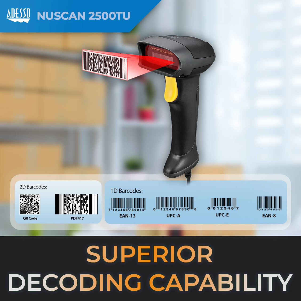 Adesso NUSCAN2500TU | USB 2D Long Range Barcode Scanner | DuraFast Label