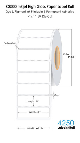 TM-C7500 4"x1" Inkjet High Gloss Paper Labels 4250/Roll 3" Core/8" OD ...