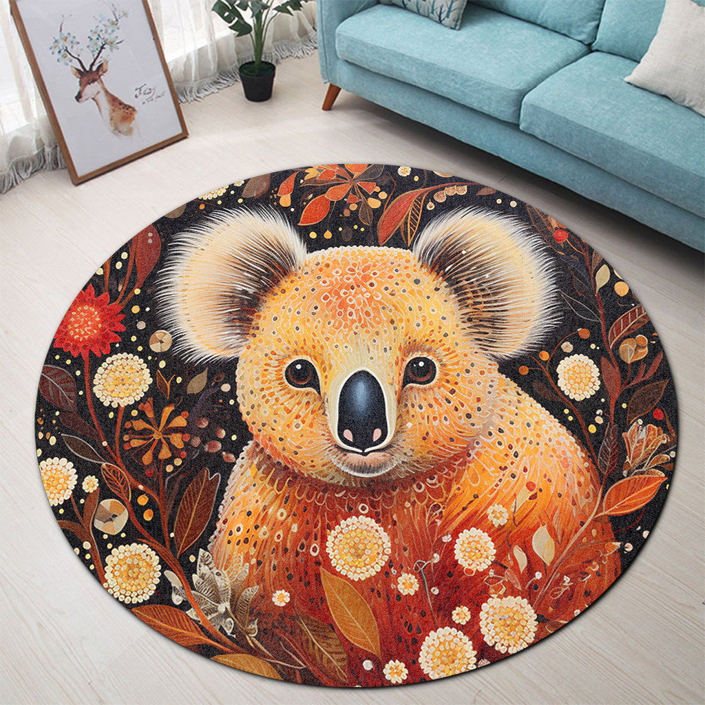 Australia Koala Custom Round Rug - Aboriginal Koala With Golden Wattle ...