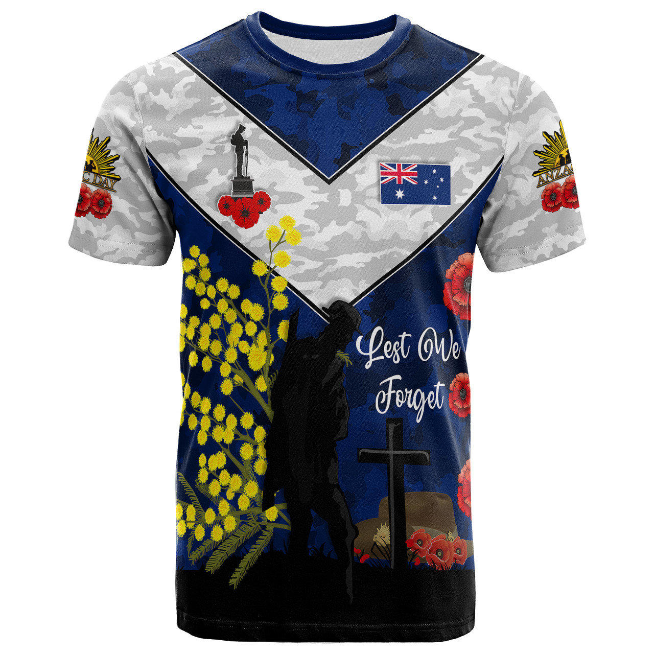 Australia Anzac Day T-shirt - Poppies with Golden Wattle Flowers Lest ...