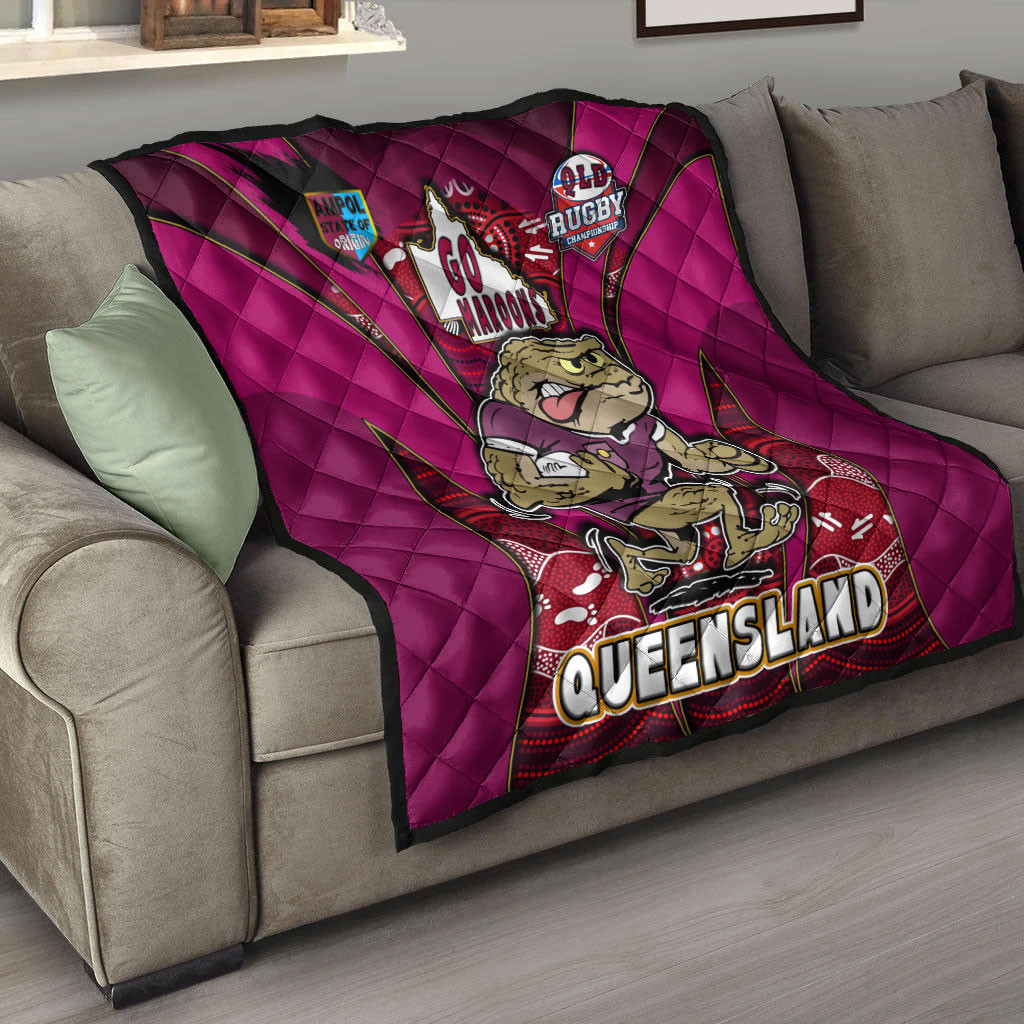 Queensland Team Quilt - Queensland Maroons Mascot With Aboriginal Art Quilt