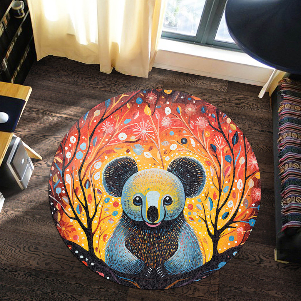 Australia Koala Custom Round Rug - Aboriginal Koala With Flowers Round Rug