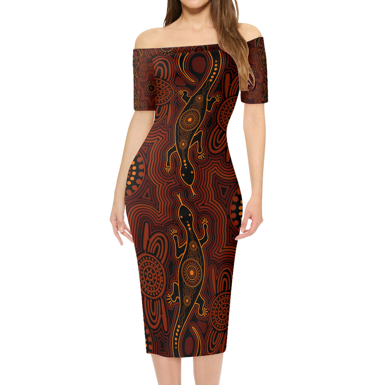 Australia Aboriginal Short Sleeve Off Shoulder Lady Dress - Goanna ...