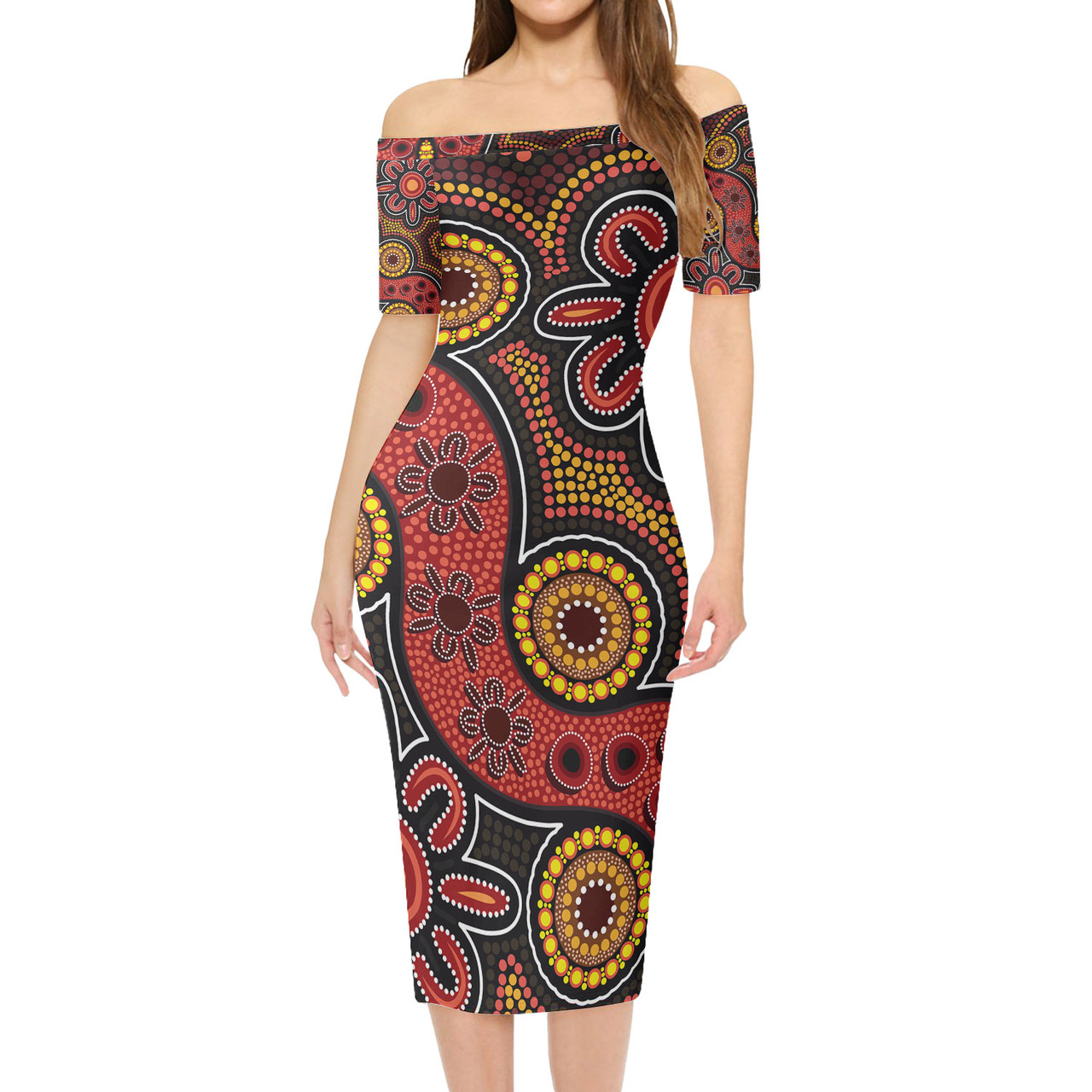Australia Aboriginal Short Sleeve Off Shoulder Lady Dress - Red Flower ...
