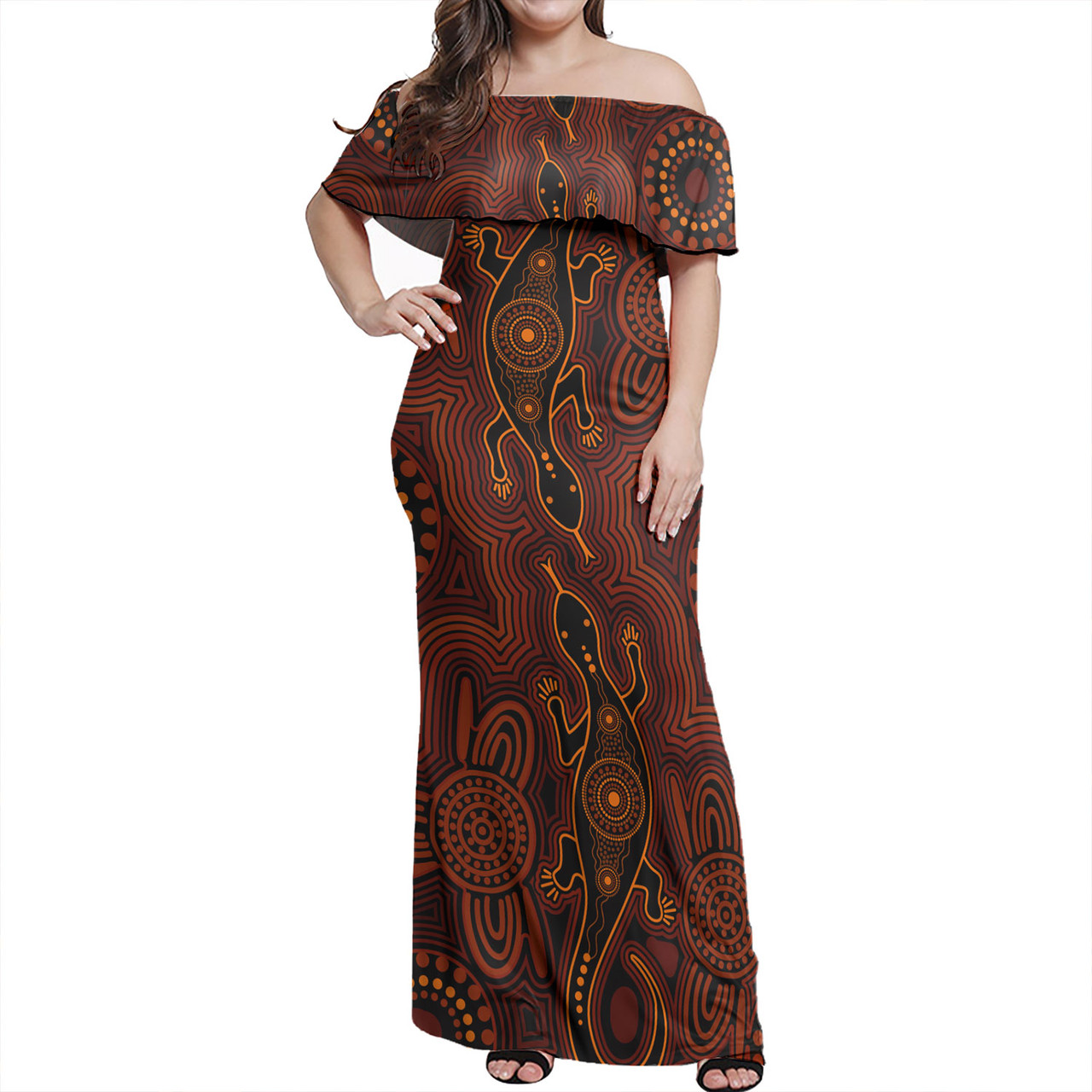 Australia Aboriginal Off Shoulder Long Dress - Goanna aboriginal art ...