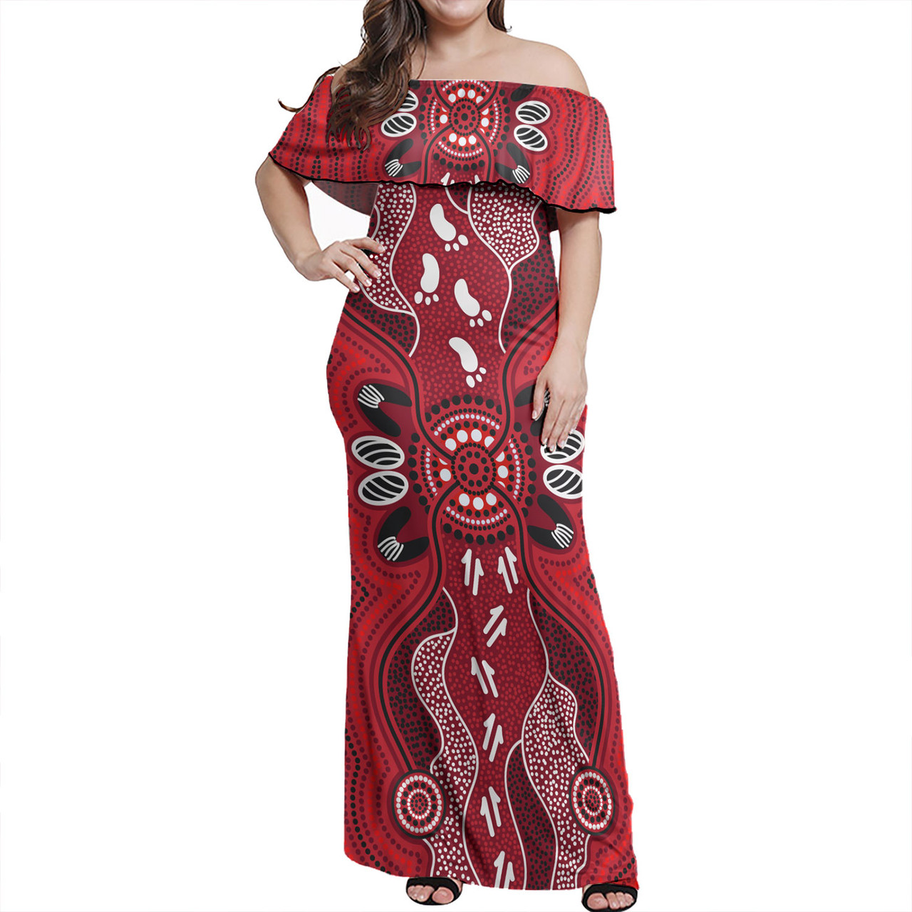 Australia Aboriginal Off Shoulder Long Dress - Red aboriginal art with ...