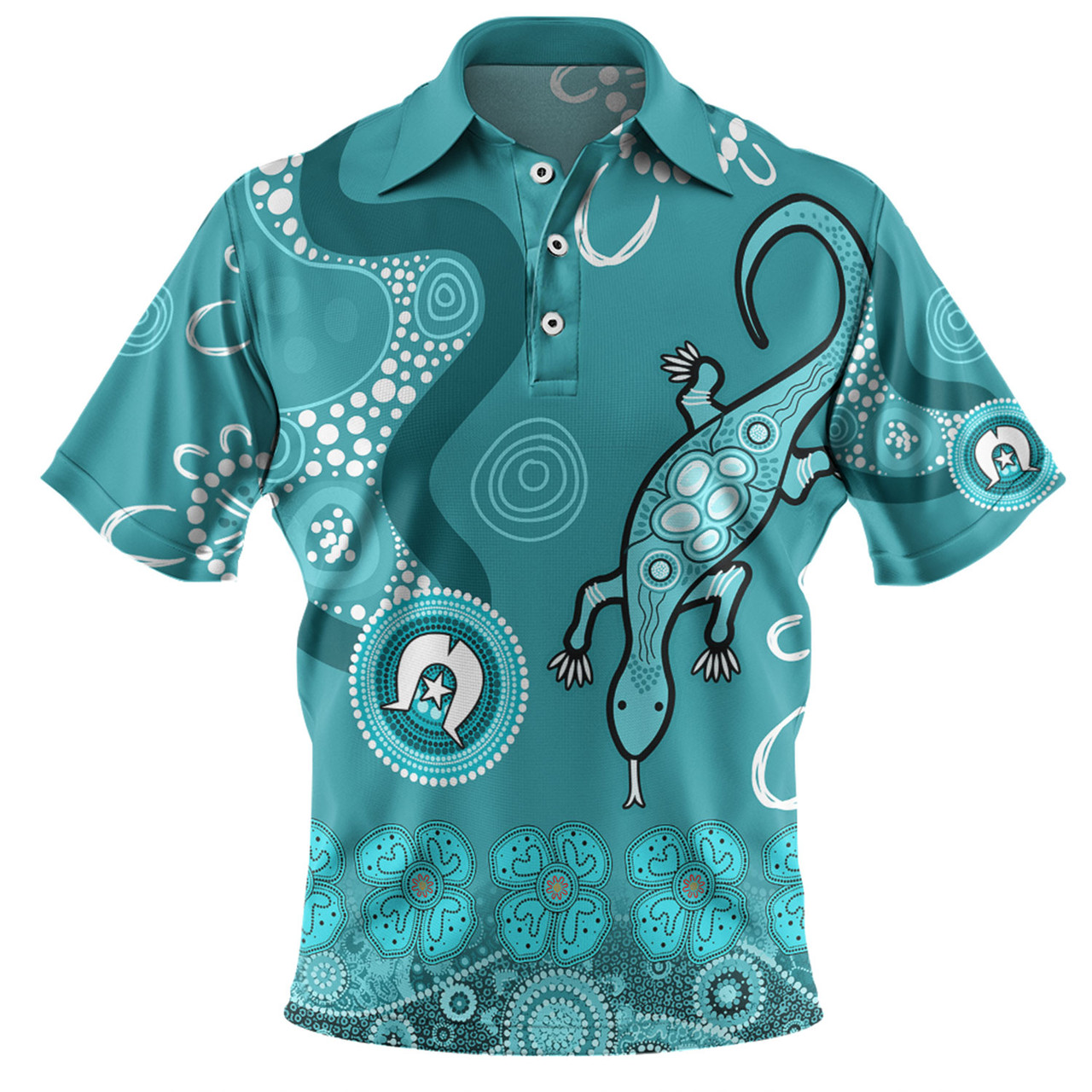 Australia Goanna Aboriginal Polo Shirt - Indigenous Dot Goanna (Teal ...
