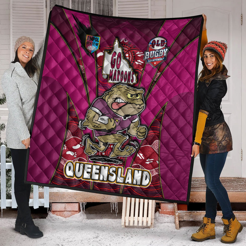 Queensland Team Quilt - Queensland Maroons Mascot With Aboriginal Art Quilt