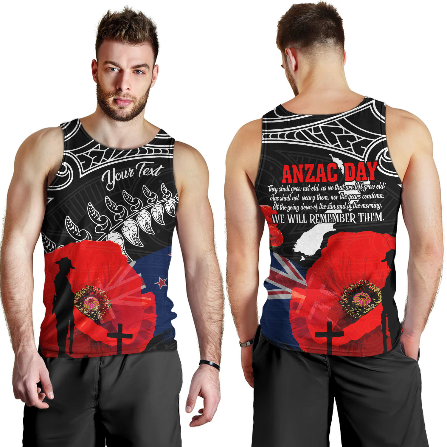 New Zealand Anzac Day Custom Men Tank - Maori New Zealand Anzac Day Poppies