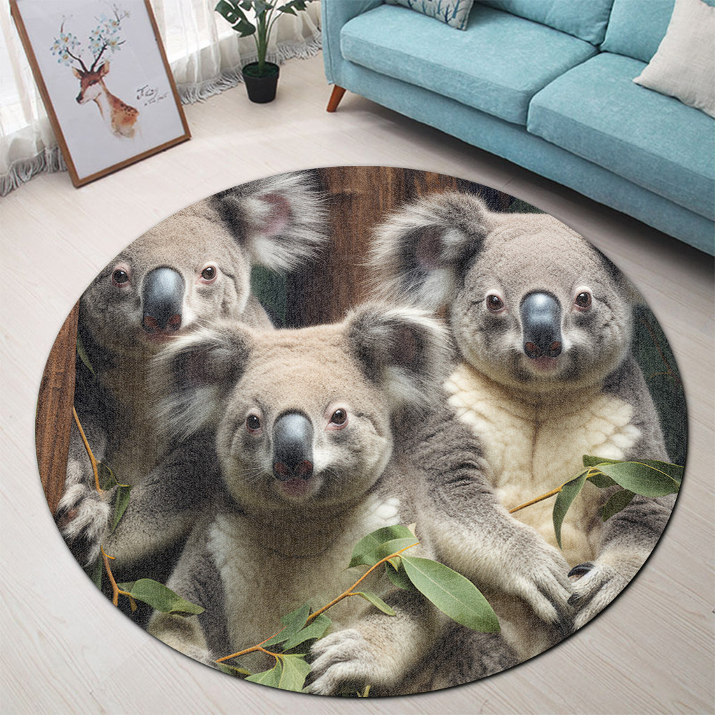 Australia Koala Round Rug - Three Koalas with Gum Trees Ver3 Round Rug
