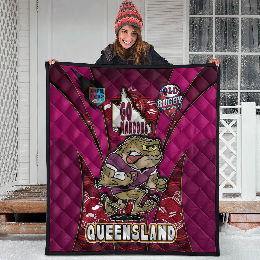 Queensland Team Quilt - Queensland Maroons Mascot With Aboriginal Art Quilt