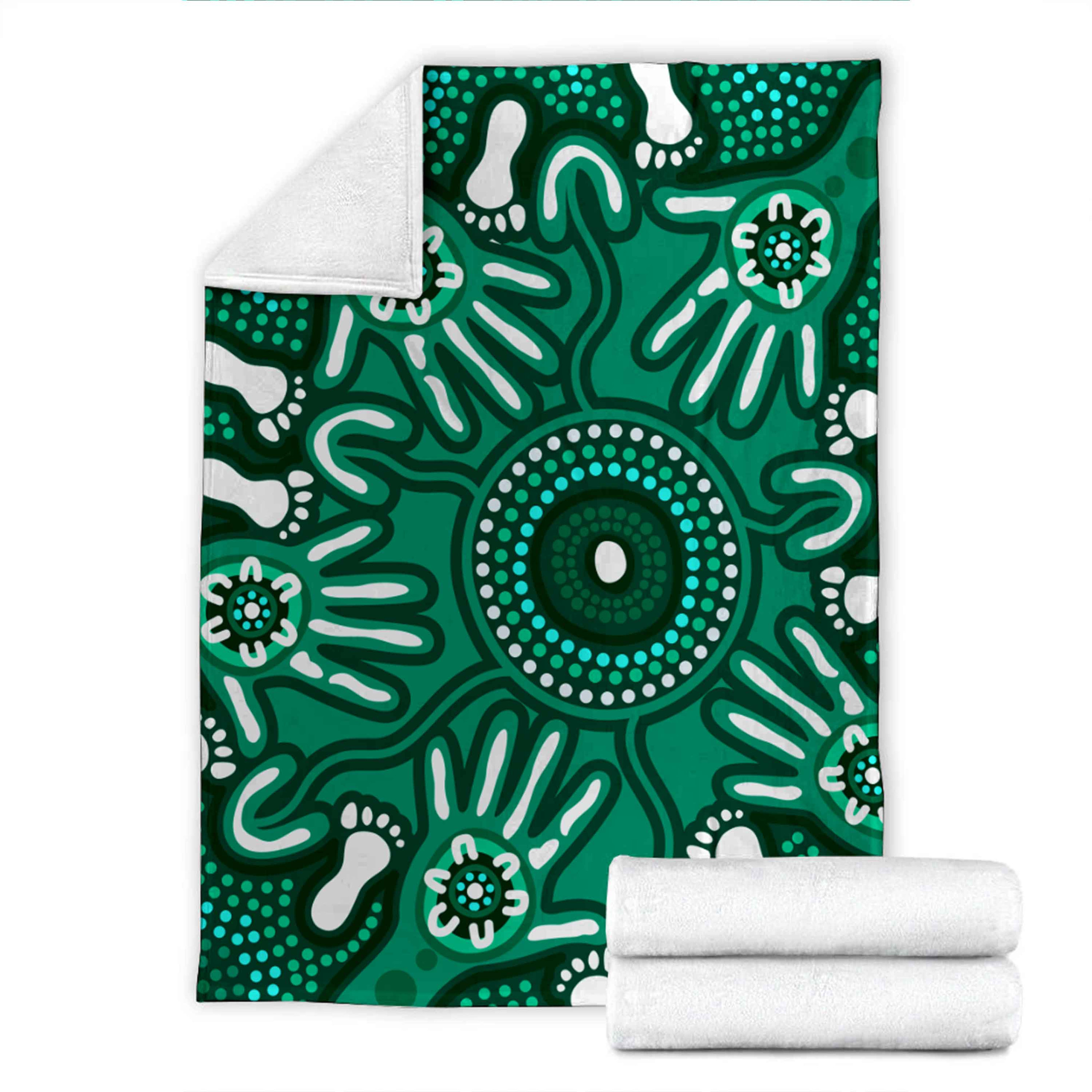 Australia Aboriginal Inspired Blanket - Green Aboriginal Hand Print Artwork