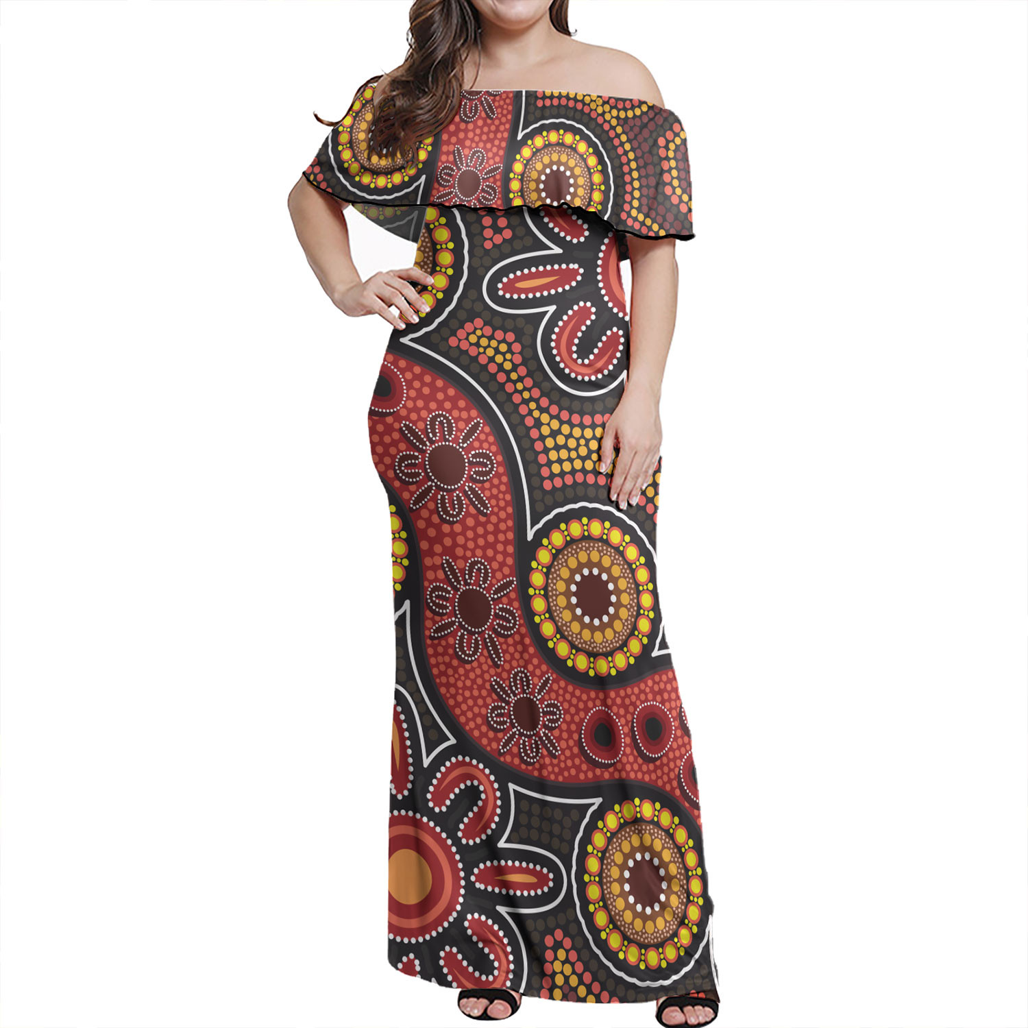 Australia Aboriginal Off Shoulder Long Dress - Red Flower Aboriginal ...