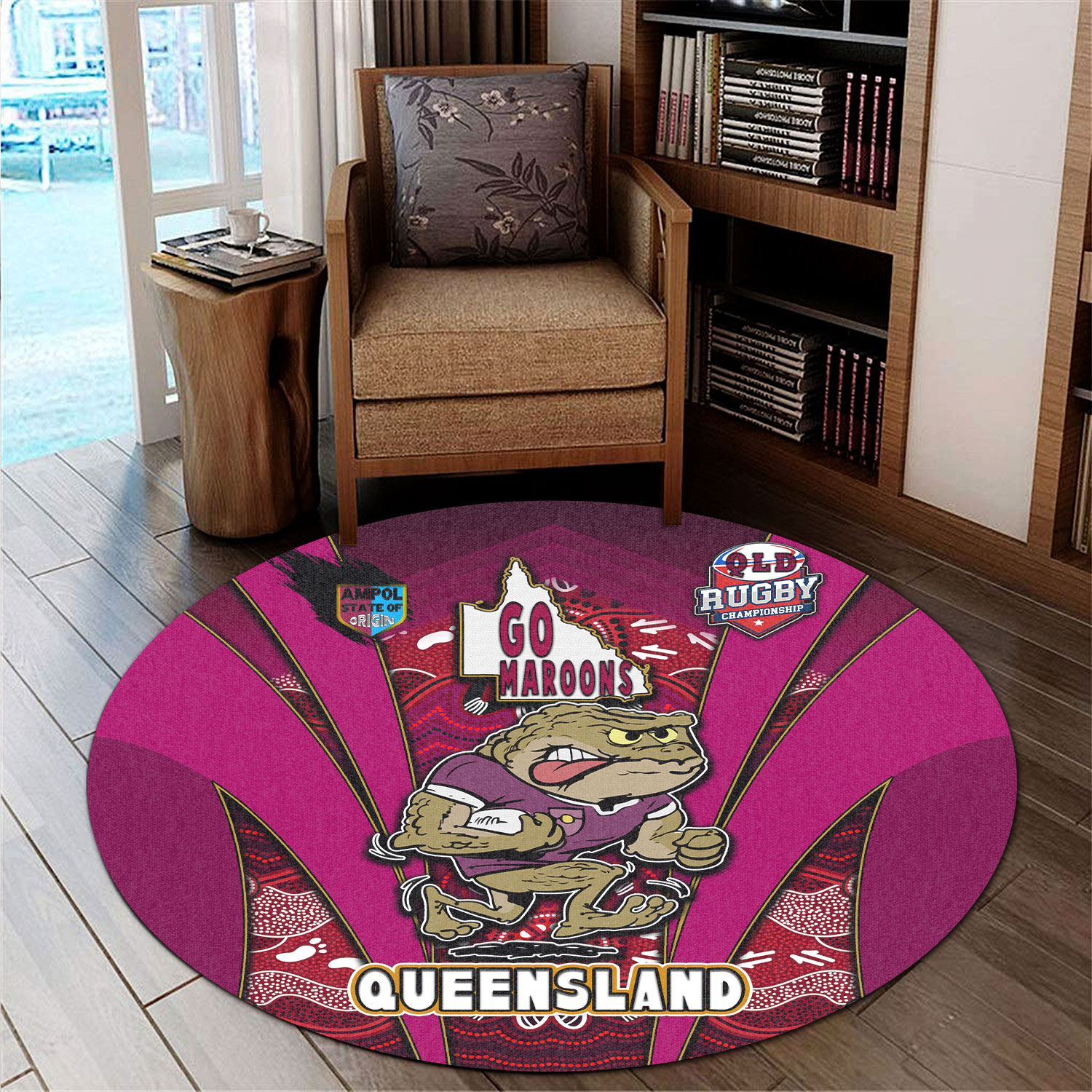 Queensland Team Round Rug - Queensland Maroons Mascot With Aboriginal ...
