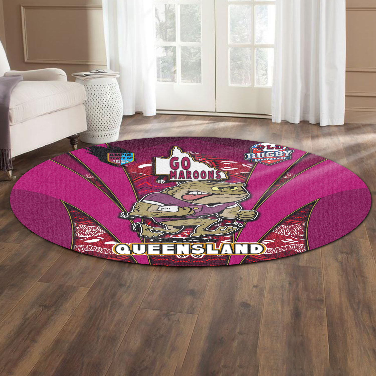 Queensland Team Round Rug - Queensland Maroons Mascot With Aboriginal ...