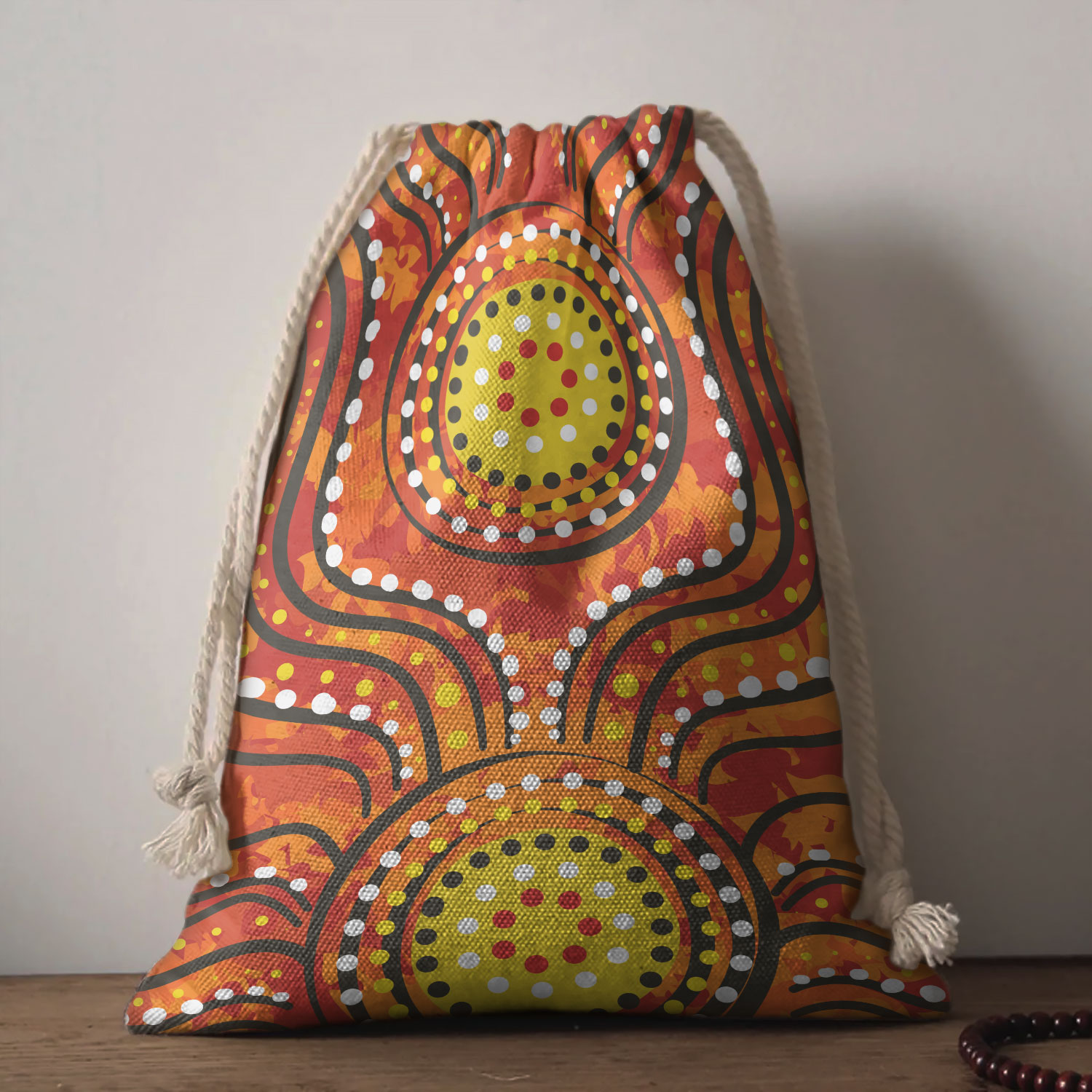 Australia Aboriginal Drawstring Bag - Orange background with dot art in ...