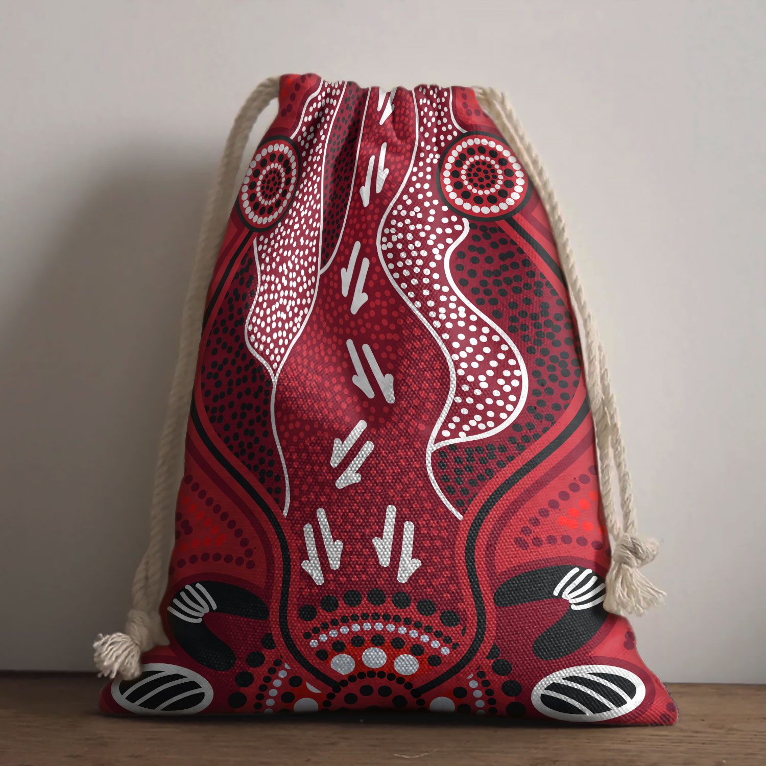 Australia Aboriginal Drawstring Bag - Red aboriginal art with footprint Bag