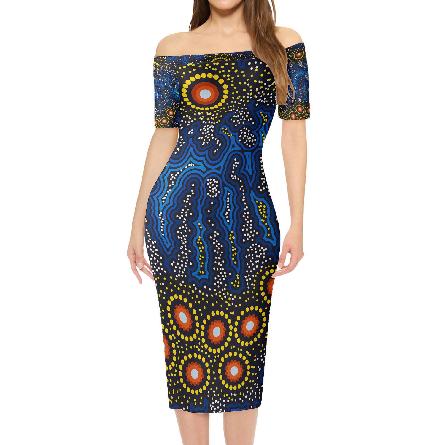 Australia Aboriginal Short Sleeve Off Shoulder Lady Dress - Blue ...