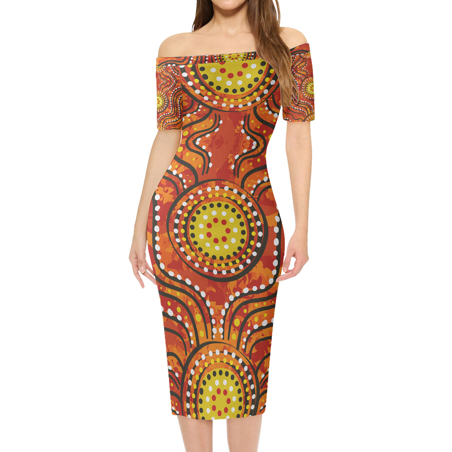 Australia Aboriginal Short Sleeve Off Shoulder Lady Dress - Orange ...