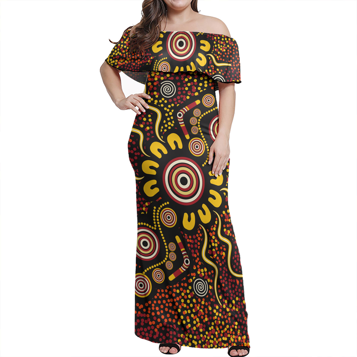 Australia Aboriginal Off Shoulder Long Dress - Aboriginal dot art blue ...