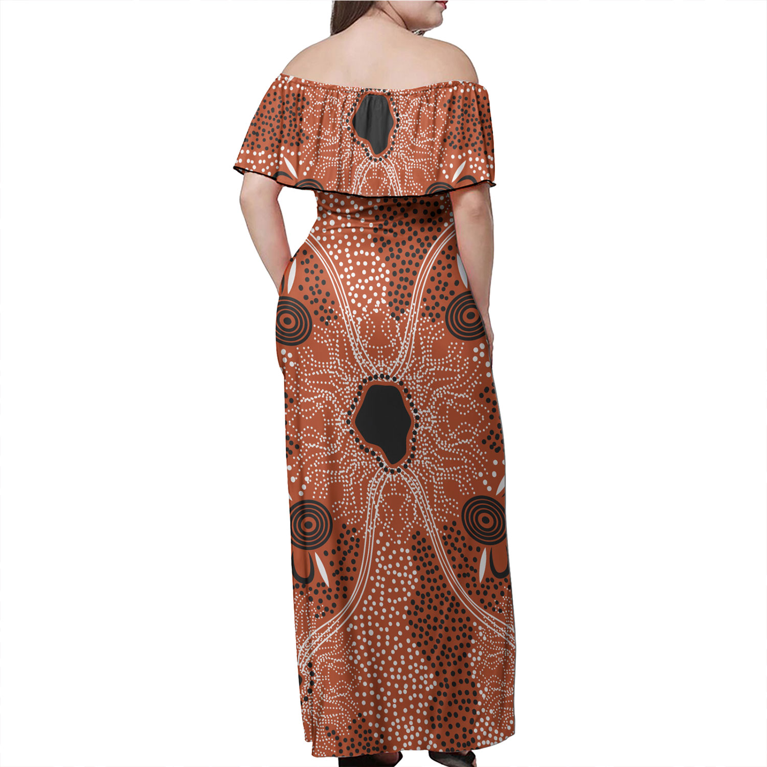 Australia Aboriginal Off Shoulder Long Dress - Connection art, brown ...
