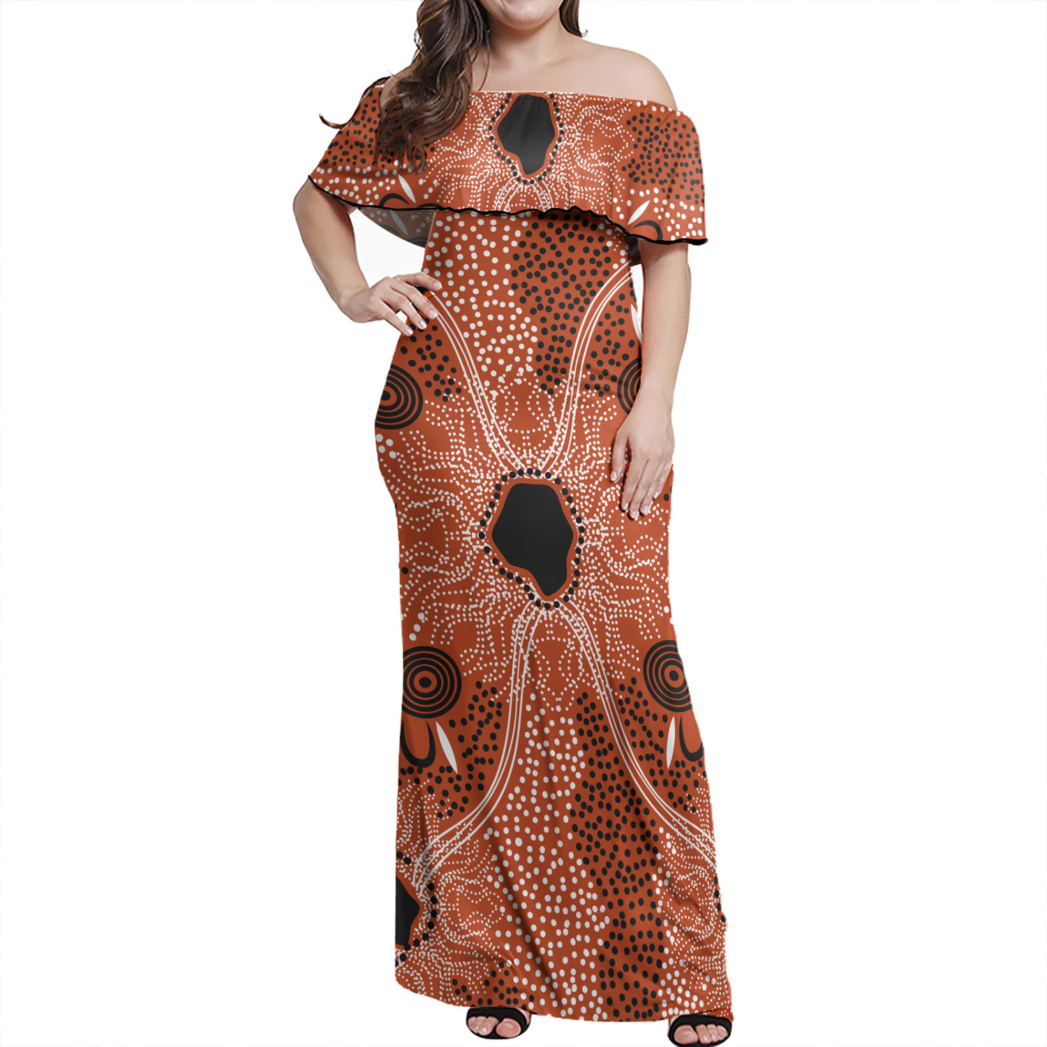 Australia Aboriginal Off Shoulder Long Dress - Connection art, brown ...