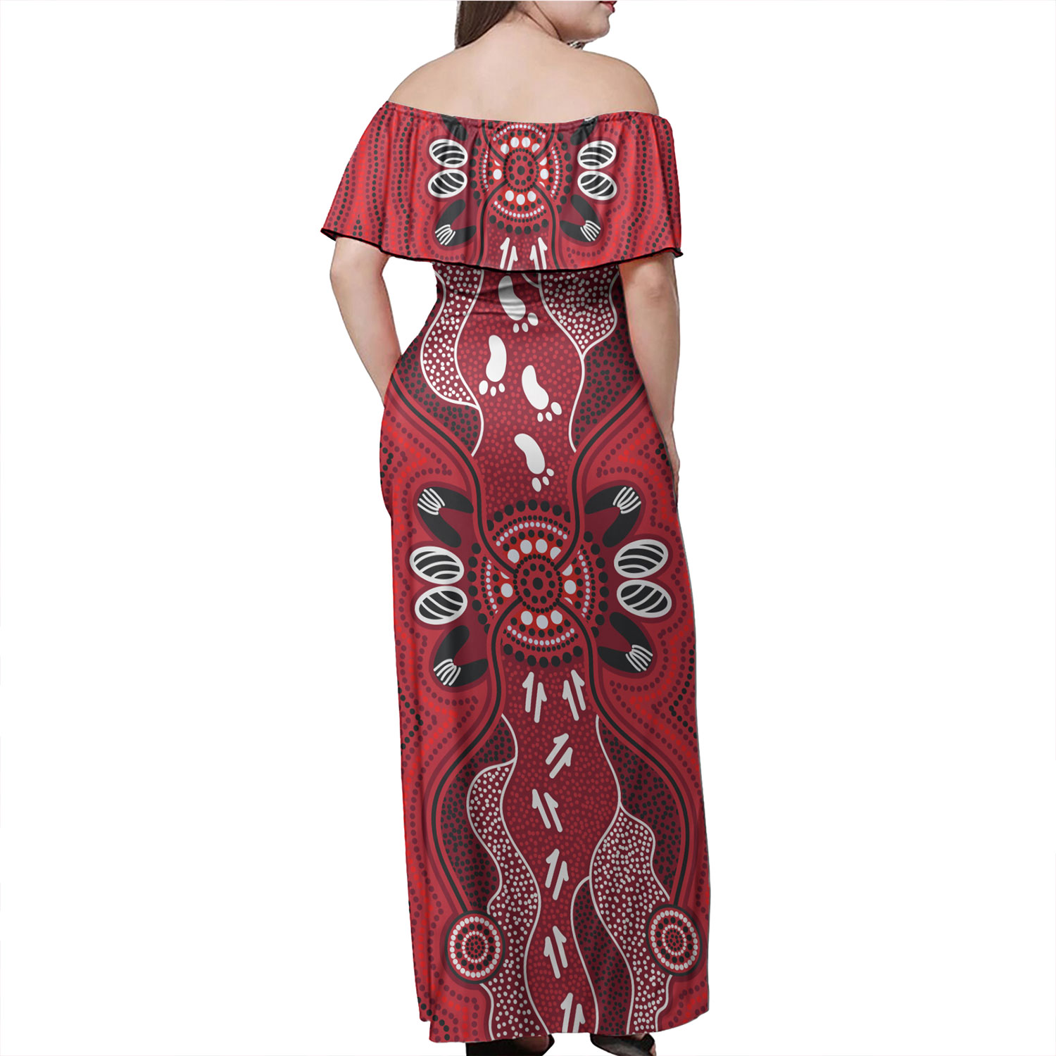 Australia Aboriginal Off Shoulder Long Dress - Red aboriginal art with ...