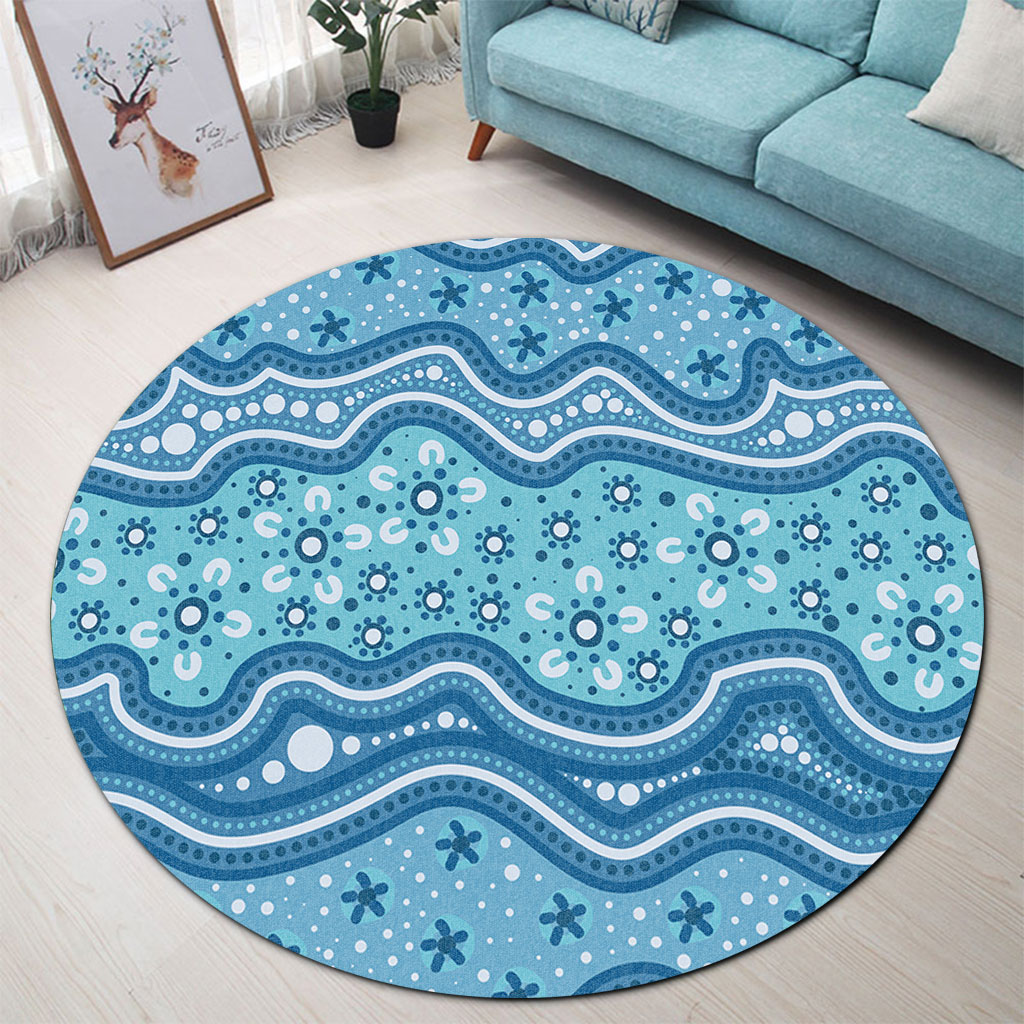 Australia Round Rug Traditional Aboriginal Dot Patterns Blue Background