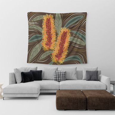 Australia Flowers Aboriginal Tapestry - Aboriginal Dot Art With Yellow ...