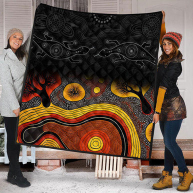 Australia Aboriginal Quilt - Dreaming Trees And Goanna In Dot Pattern Quilt