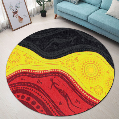 Australia Round Rug Aboriginal Flag Colors In A Dot Art Painting