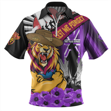 Brisbane Lions Zip Polo Shirt ANZAC Day Honor Purple Valor And Spirit