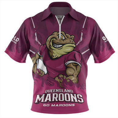 Queensland Maroons Zip Polo Shirt Strong Fighting Flame Go Maroons