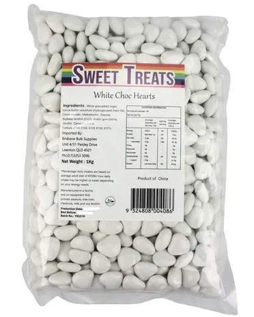 White Candy Coated Choc Heart 1kg | Confectionery World