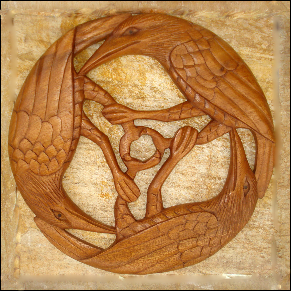 Hand Carved Three Ravens Carving | Hand Carved Mahogany Raven