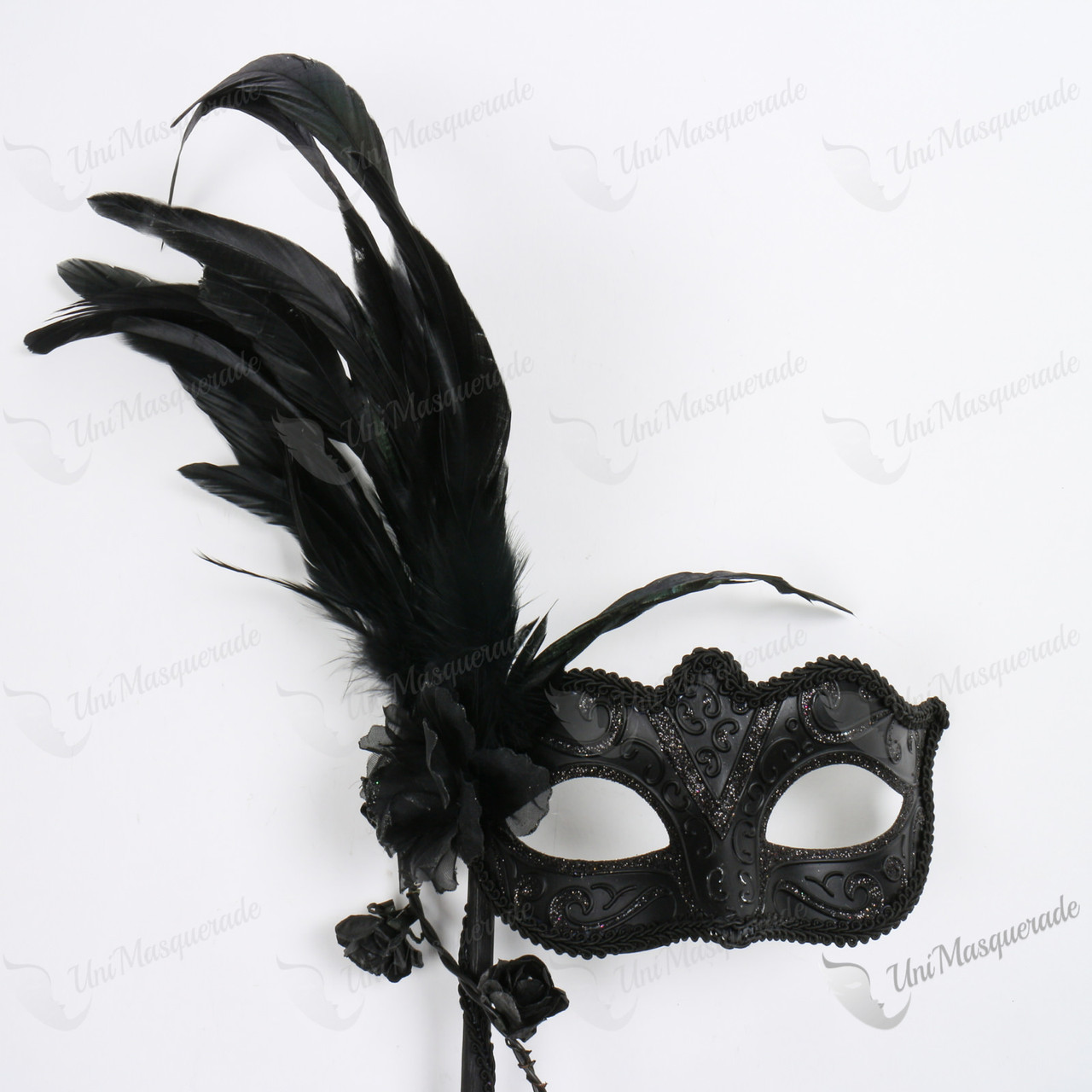 Stick Feather Roses Tassel Masquerade Mask-Black